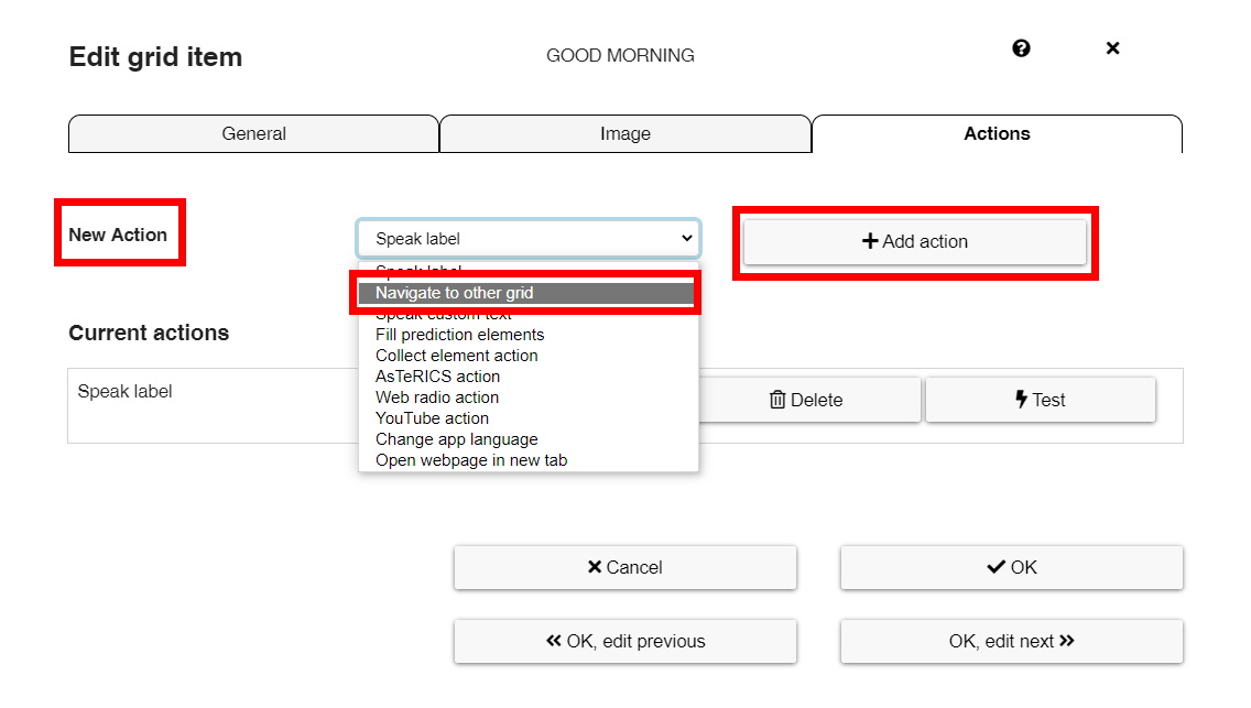 AsTeRICS Grid Communicator – 9 – Actions – Navigate to other grid – Aula abierta de ARASAAC